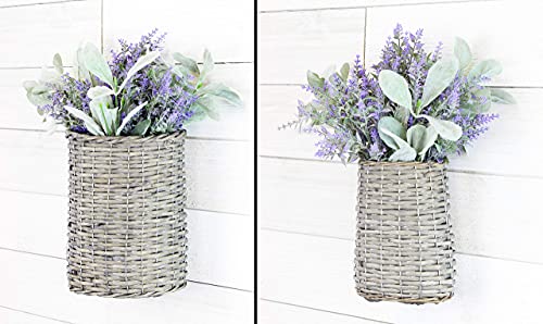 AuldHome Wall Hanging Baskets (Set of 2, Gray); Woven Wicker Rustic Farmhouse Gray Washed Door Baskets, Small and Medium Size