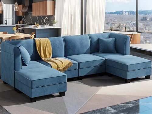 JAMFLY 116'' Modular Sectional Sofa with Reversible Chaise, U-Shape Convertible Sectional Sofa Couch with 6 Seats, Velvet Modern Sleeper Modular Couch with Ottomans for Living Room