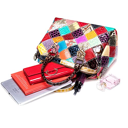 Women's Purses and Bags Multicolored, Genuine Leather Patchwork Tote Bag Large Capacity with A Detachable Shoulder Strap