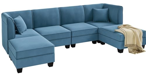 JAMFLY 116'' Modular Sectional Sofa with Reversible Chaise, U-Shape Convertible Sectional Sofa Couch with 6 Seats, Velvet Modern Sleeper Modular Couch with Ottomans for Living Room