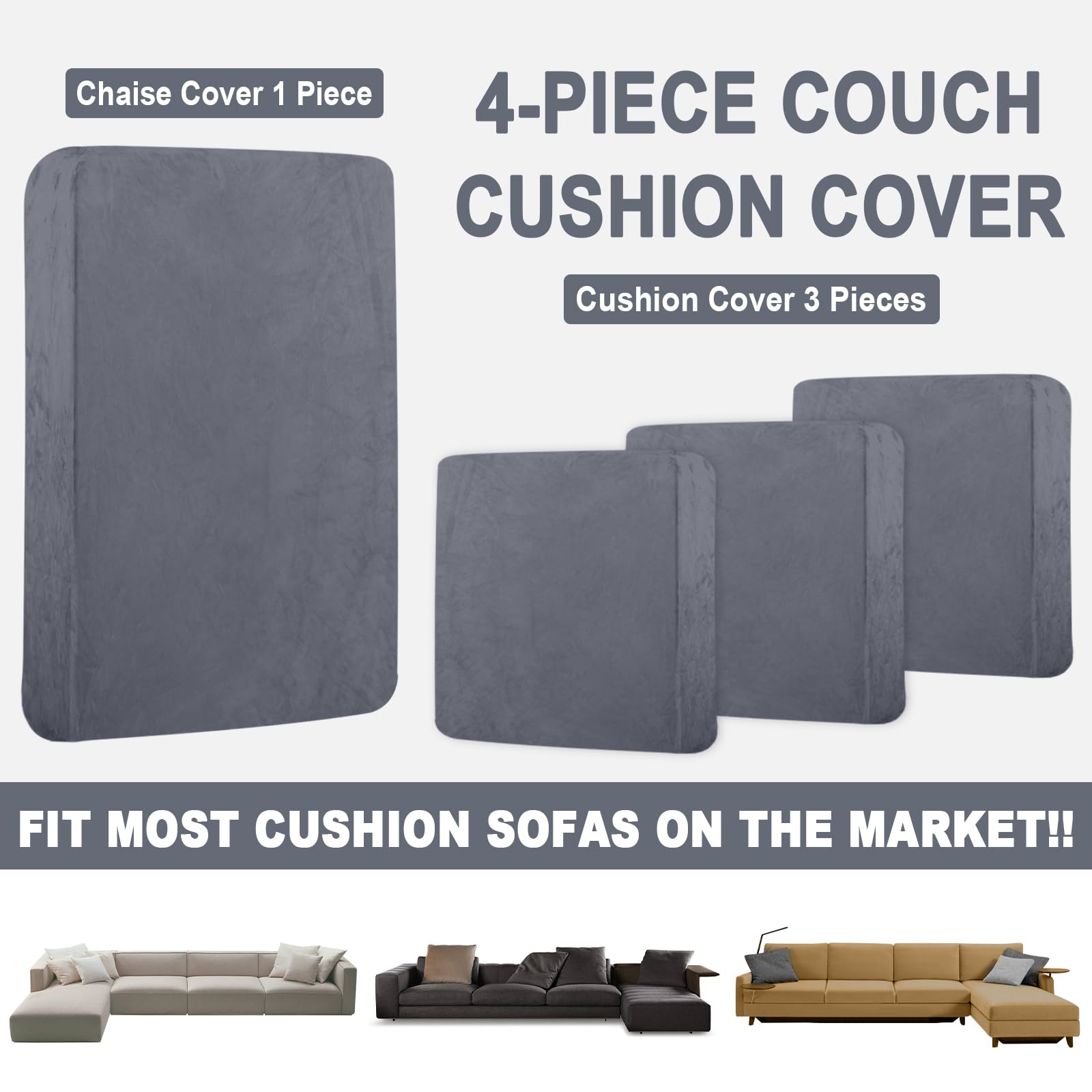 BT.WA Sectional Couch Covers for 4-Piece Seat Cushion Velvet Separate L Shape Couch Cover Stretch Sofa Slipcover with 2 Pieces Pillowcases Furniture Protector (Sofa 3 Seater + 1 Chaise, Dark Grey)