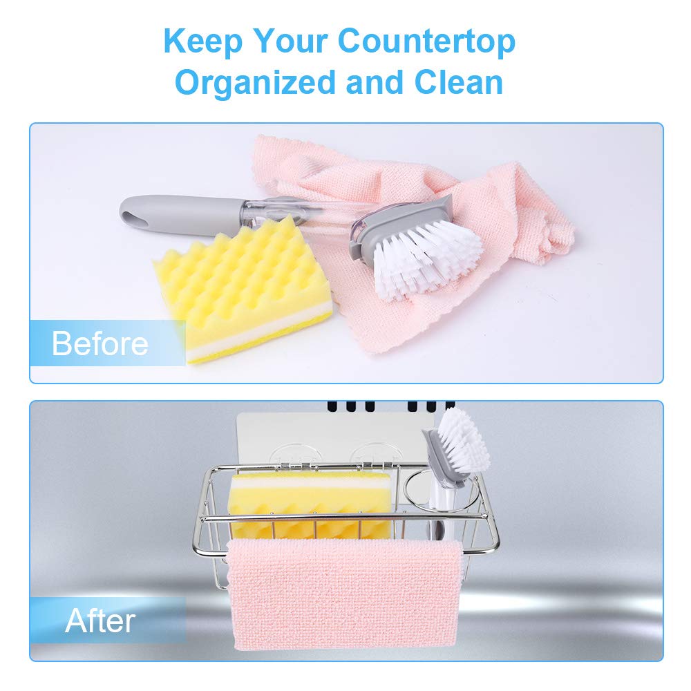 Sponge holder for kitchen sink, 3-in-1 Kitchen Sink Caddy with Adhesive Pad, SUS304 Stainless Steel Sink Sponge Holder, Kitchen Sink Organizer for Sponge, Dish Brush and Dish Towel, No Drilling