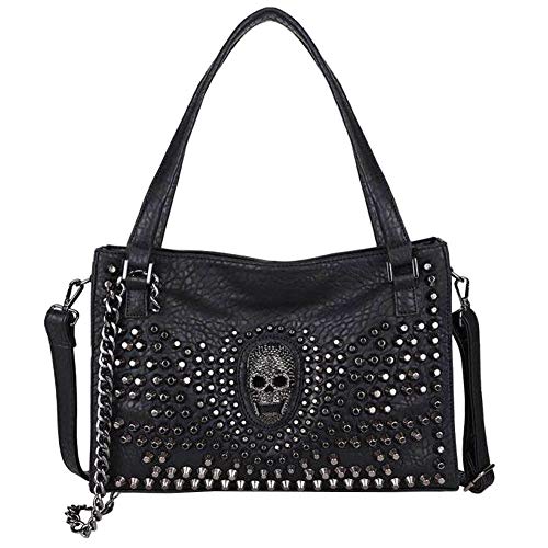 Chikencall Women Skull Shoulder Bag Rivet Studded Handbag and Purses Metal Chain Crossbody Satchels Black Gothic Tote