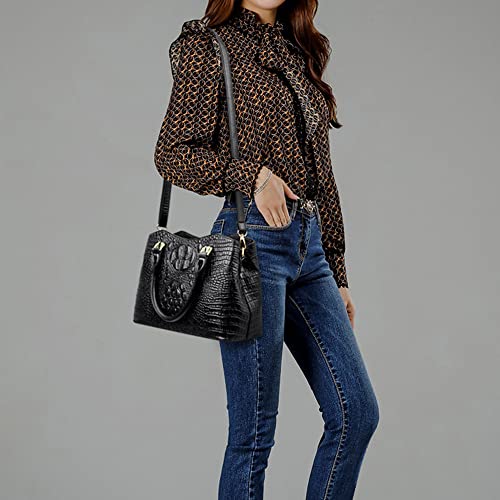 Cayla Top Handle Satchel Handbags Crocodile Bag Designer Purse Leather Tote Bags (black)