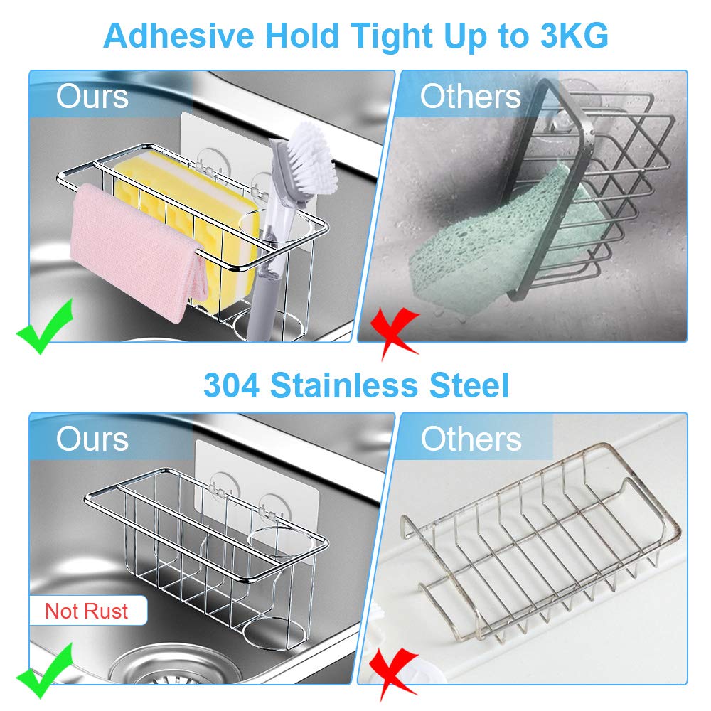 Sponge holder for kitchen sink, 3-in-1 Kitchen Sink Caddy with Adhesive Pad, SUS304 Stainless Steel Sink Sponge Holder, Kitchen Sink Organizer for Sponge, Dish Brush and Dish Towel, No Drilling