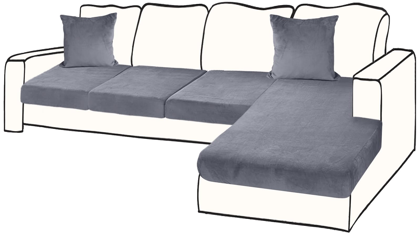 BT.WA Sectional Couch Covers for 4-Piece Seat Cushion Velvet Separate L Shape Couch Cover Stretch Sofa Slipcover with 2 Pieces Pillowcases Furniture Protector (Sofa 3 Seater + 1 Chaise, Dark Grey)