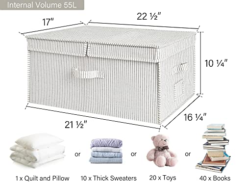 StorageWorks 55L Closet Storage Organizer With Handles, Canvas Basket With Lid, Double-Open Lid, Gray and White Stripes, Extra Large