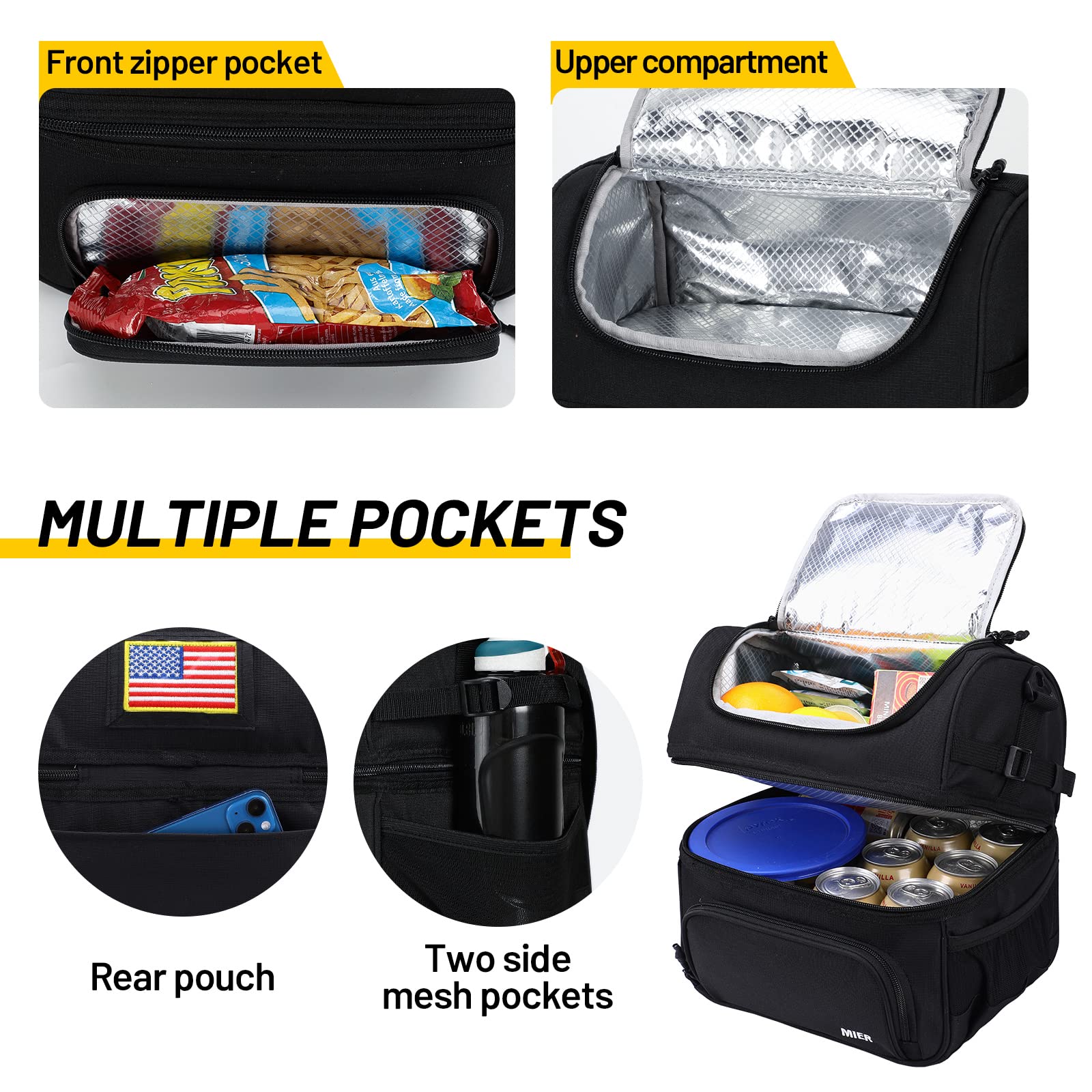 MIER Dual Compartment Lunch Bag Tote with Shoulder Strap for Men and Women Insulated Leakproof Cooler Bag, Black