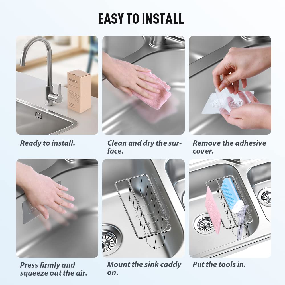 Sponge holder for kitchen sink, 3-in-1 Kitchen Sink Caddy with Adhesive Pad, SUS304 Stainless Steel Sink Sponge Holder, Kitchen Sink Organizer for Sponge, Dish Brush and Dish Towel, No Drilling