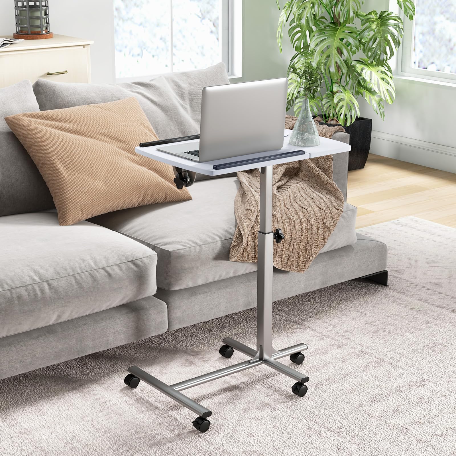 Tangkula Rolling Laptop Desk Cart, Mobile Laptop Stand with Tilting Tabletop, Height Adjustable Bedside Table with Mouse Pad Cup Holder, Ideal for Laptop Bed Sofa Couch