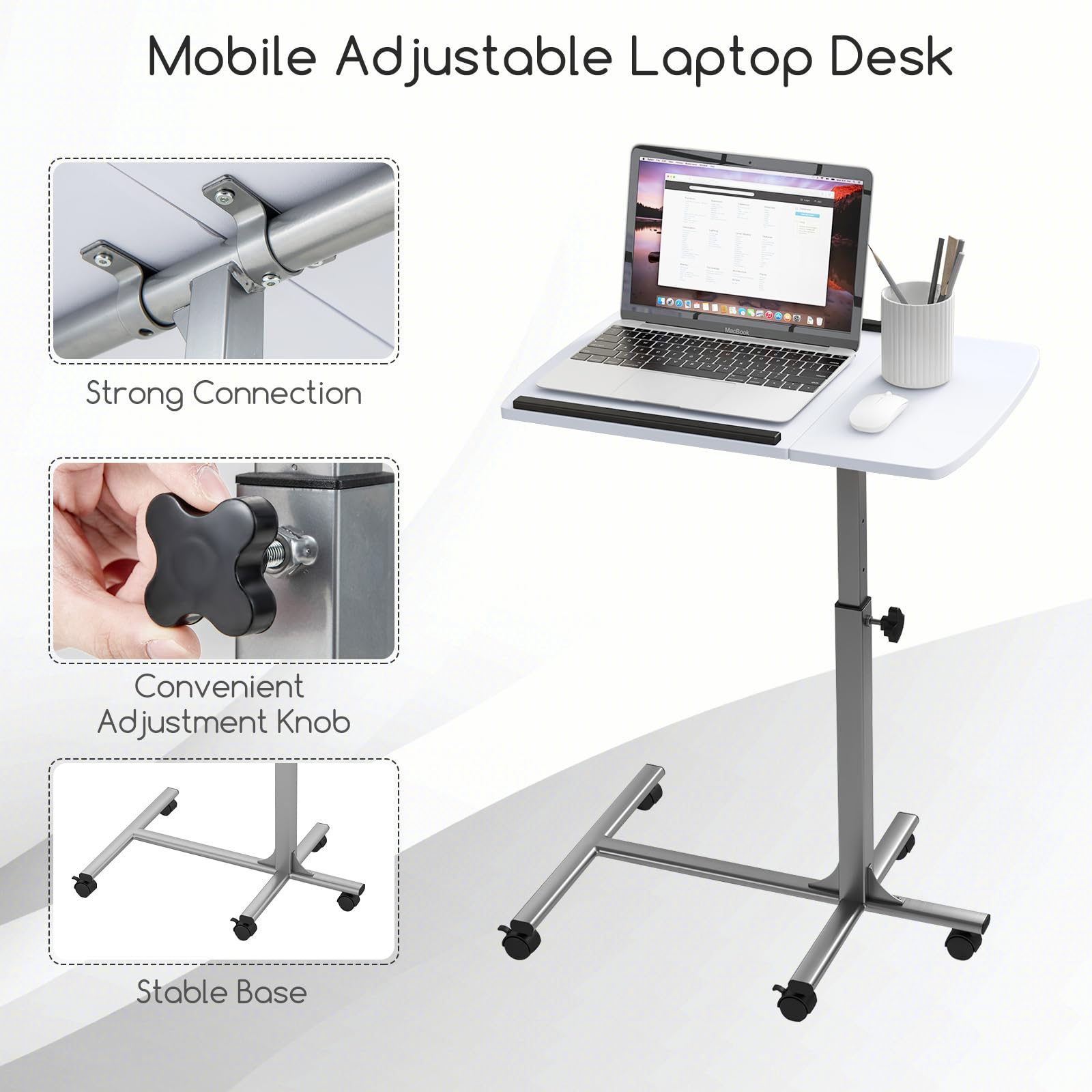 Tangkula Rolling Laptop Desk Cart, Mobile Laptop Stand with Tilting Tabletop, Height Adjustable Bedside Table with Mouse Pad Cup Holder, Ideal for Laptop Bed Sofa Couch