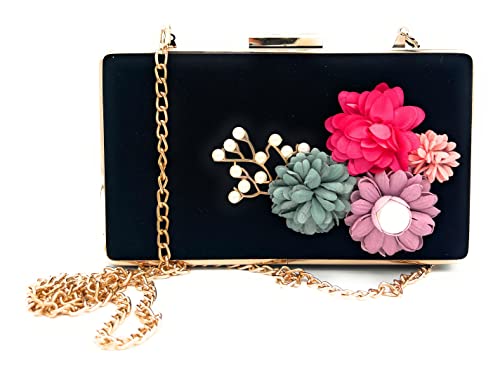 shiiriin | Women’s 3D Floral Black Velvet Clutch Purse Hand Bag | Handmade W/Pearl | Bridal Wedding Evening Formal Party | Crossbody