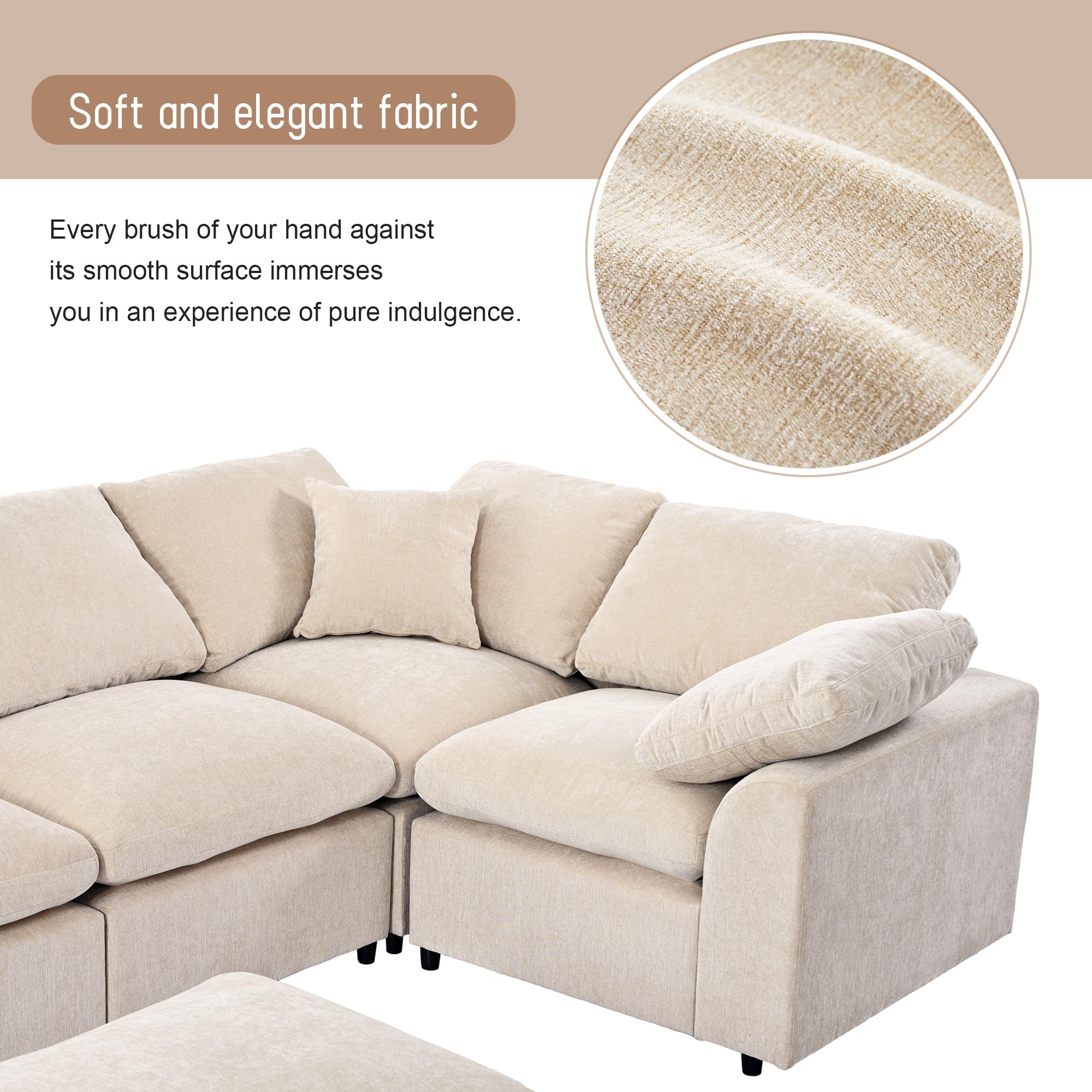 DREAMODERN Modular Couch Sectional Sofa for Living Room, Oversized L-Shaped Sofa with Ottoman Upholstered Reversible Couch for Apartment Spacious Space - Beige