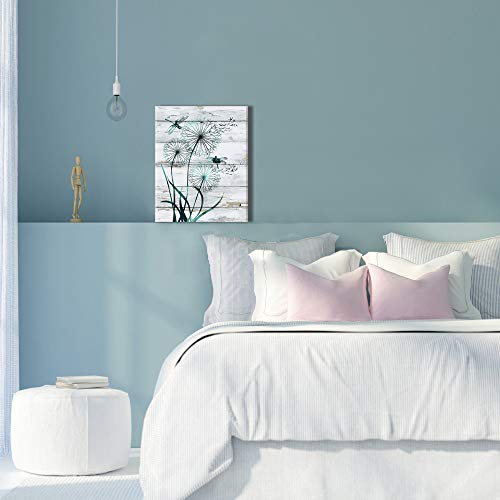 Visual Art Decor Abstract Teal Dragonfly with Dandelions Rustic Wood Texture Background Canvas Wall Art Prints Gallery Wrapped Picture Ready to Hang for Home Office Bedroom Living Room Wall Decoration