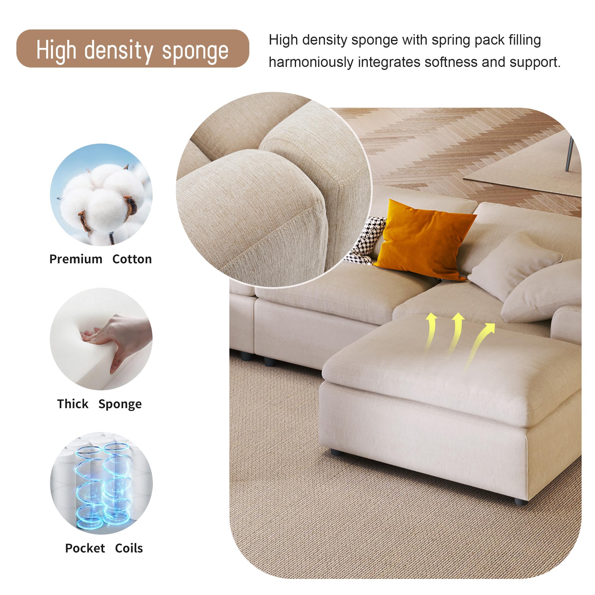 DREAMODERN Modular Couch Sectional Sofa for Living Room, Oversized L-Shaped Sofa with Ottoman Upholstered Reversible Couch for Apartment Spacious Space - Beige