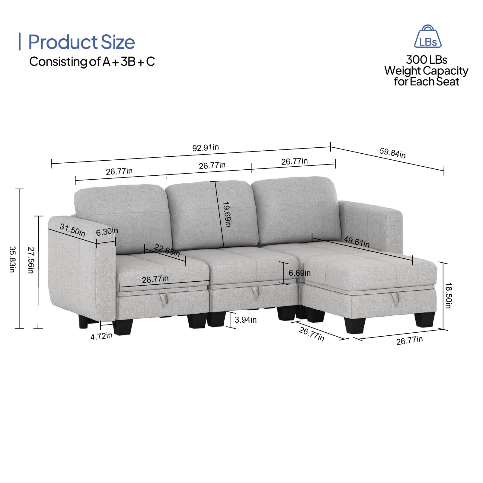 Arathorn Modular Sectional Sofa Couch with Reversible Chaise, 4 Seats L-Shaped Couch Sofa with Storage Ottoman for Living Room Apartment, Grey