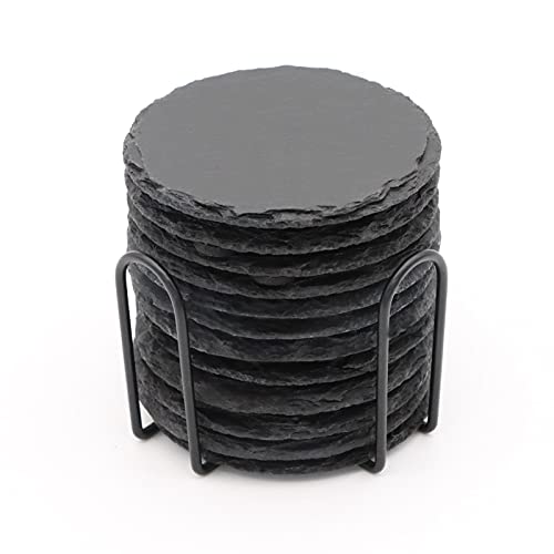 12 PCS Round Slate Drink Coasters Set, SIJDIEE 4 Inch Black Slate Stone Coasters with Anti-Scratch Bottom and Coaster Holder for Office Bar Kitchen Home Dinner Table Decor Supplies