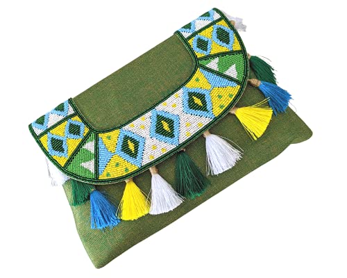 Women Boho Envelope Purse, Evening Bag, Shoulder Bag, Cross-body Bag With Handmade Beaded Pattern & Detachable Shoulder Chain (Green)