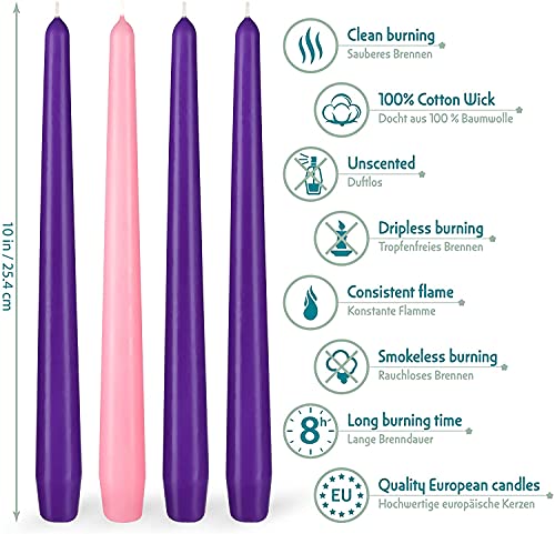 BRUBAKER 4 pcs Advent Candles Purple and Pink - 10 Inch Taper Candles for Christmas, Church and Celebrations - Unscented and Dripless - Made in Europe