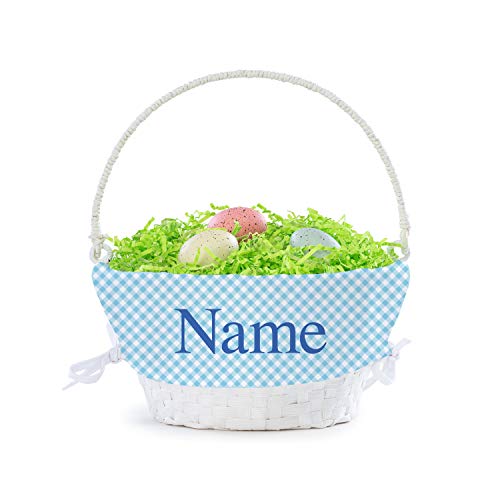 Personalized Easter Egg Basket with Handle and Custom Name | Blue Gingham Easter Basket Liners | White Basket | Woven Easter Baskets for Kids and Adults | Customized Easter Basket | Gift for Easter