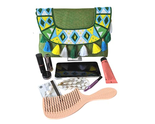 Women Boho Envelope Purse, Evening Bag, Shoulder Bag, Cross-body Bag With Handmade Beaded Pattern & Detachable Shoulder Chain (Green)