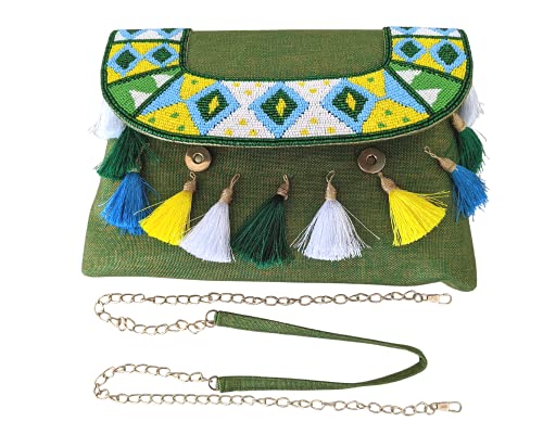 Women Boho Envelope Purse, Evening Bag, Shoulder Bag, Cross-body Bag With Handmade Beaded Pattern & Detachable Shoulder Chain (Green)