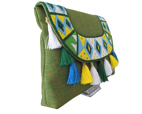 Women Boho Envelope Purse, Evening Bag, Shoulder Bag, Cross-body Bag With Handmade Beaded Pattern & Detachable Shoulder Chain (Green)