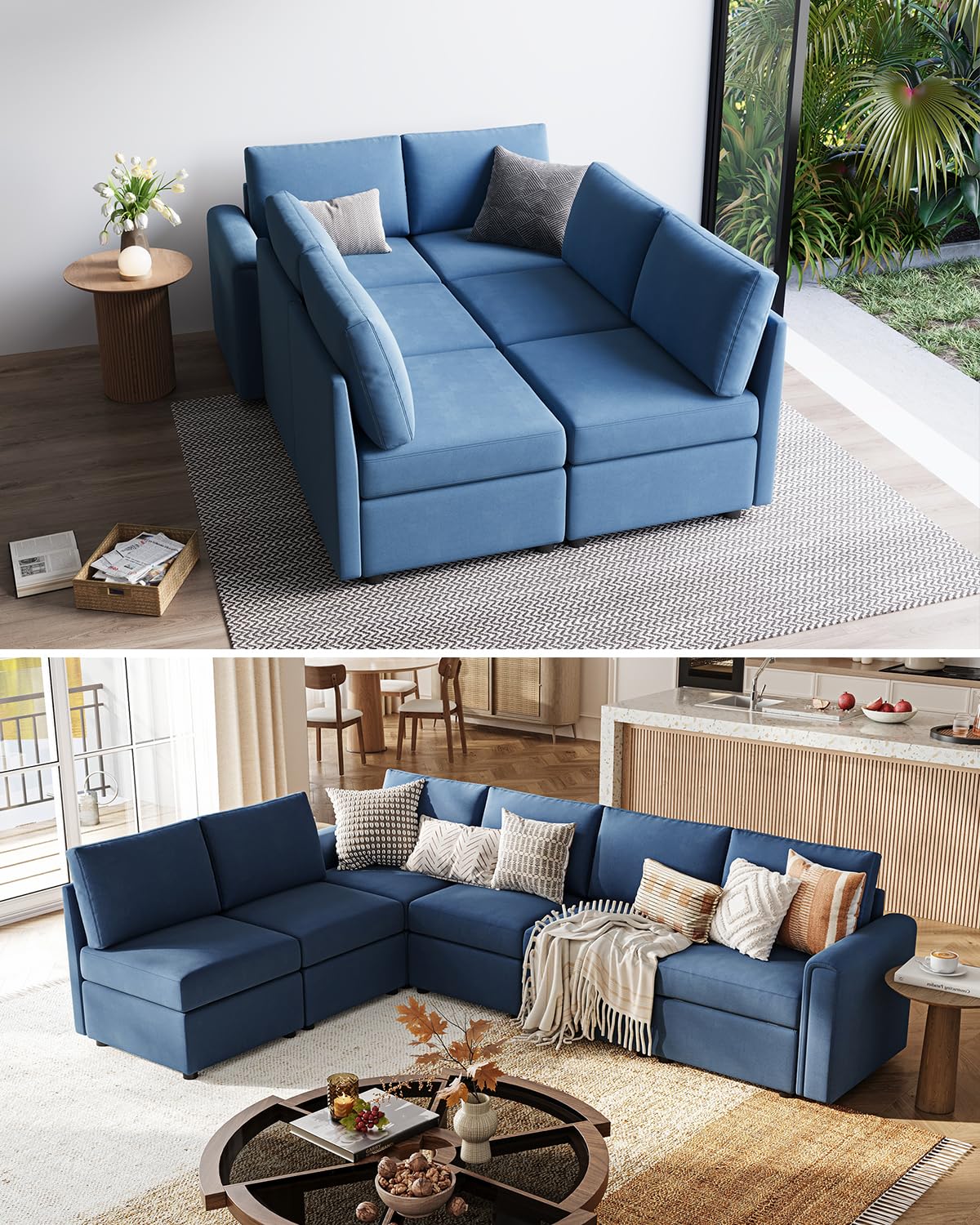 LINSY HOME Modular Sectional Sofa, Convertible U Shaped Couch with Storage, Memory Foam, Sectionals Ottomans, 6 Seat Oversized Chaise for Living Room, Blue, S900-C11-60
