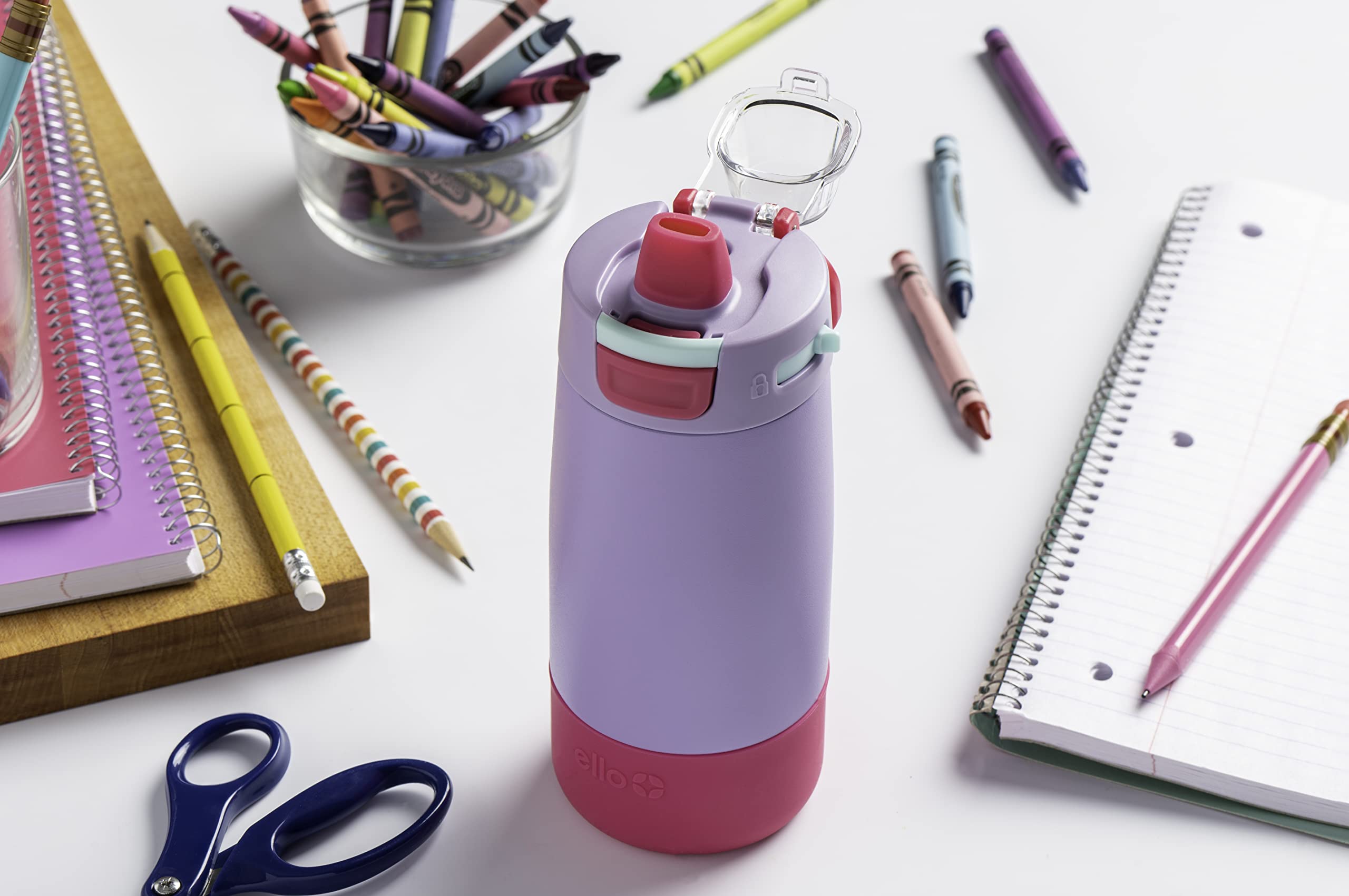 Ello Kids Colby 12oz Stainless Steel Insulated Water Bottle with Straw and Built-In Silicone Coaster (Lilac/Pink)