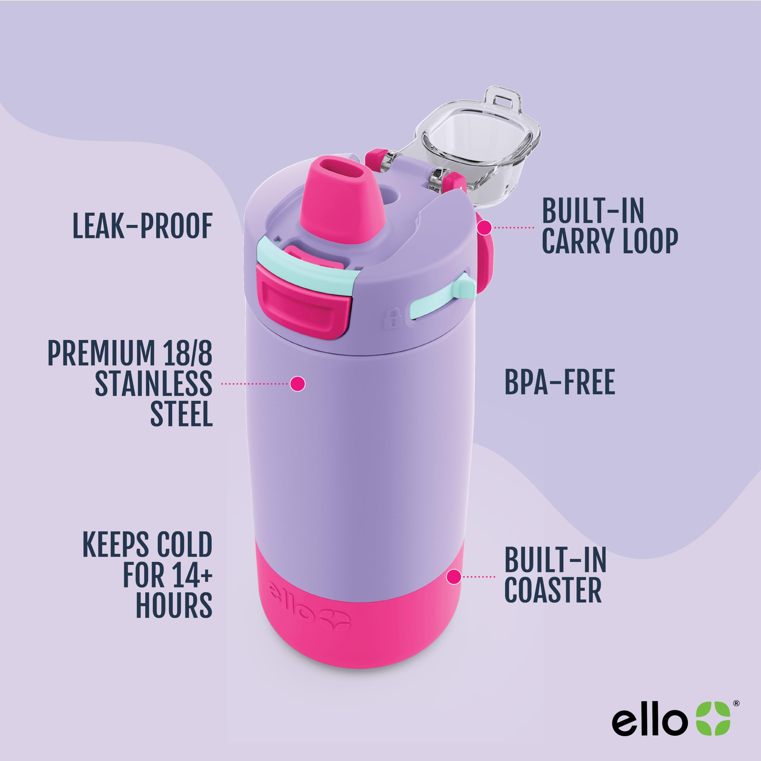 Ello Kids Colby 12oz Stainless Steel Insulated Water Bottle with Straw and Built-In Silicone Coaster (Lilac/Pink)