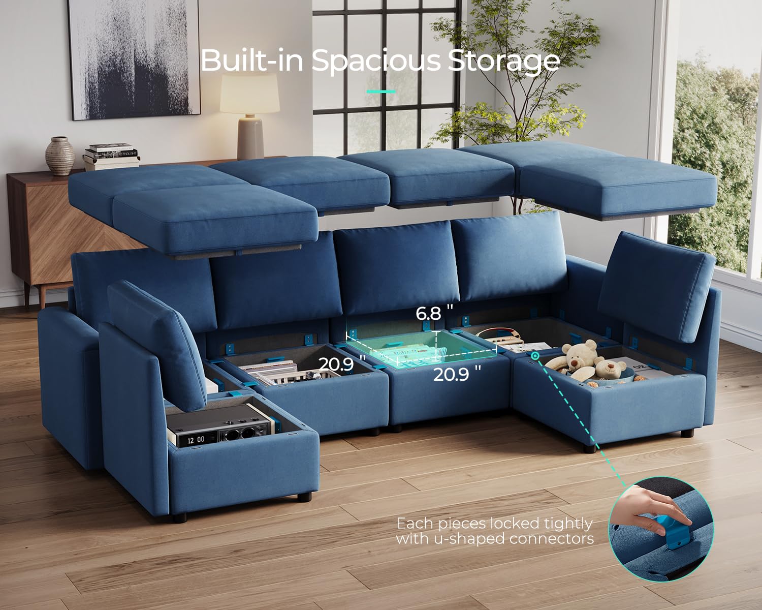 LINSY HOME Modular Sectional Sofa, Convertible U Shaped Couch with Storage, Memory Foam, Sectionals Ottomans, 6 Seat Oversized Chaise for Living Room, Blue, S900-C11-60