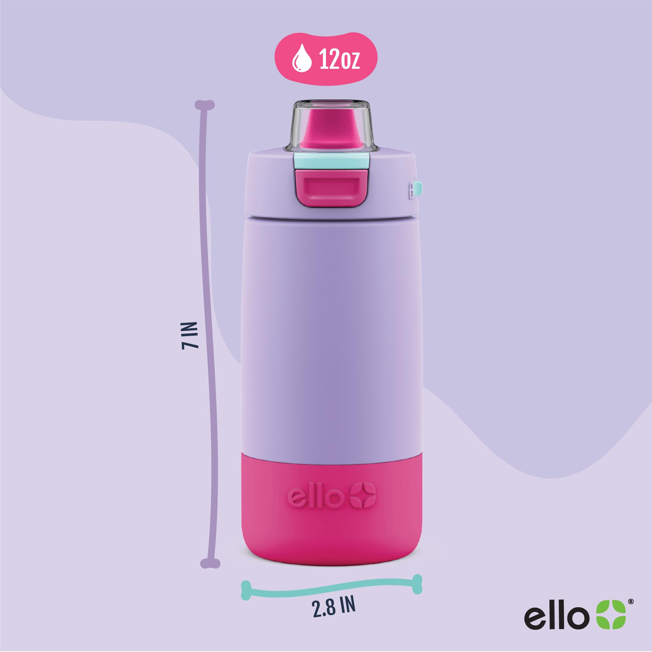 Ello Kids Colby 12oz Stainless Steel Insulated Water Bottle with Straw and Built-In Silicone Coaster (Lilac/Pink)