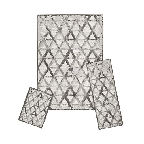 Woven Trends Modern Contemporary 3-Piece Rug Set, 5x7 Area Rug, 2x5 Runner Rug, 2x3 Accent Mat, Livingroom, Bedroom, Entryway, Durable and Stain Resistant, Gray