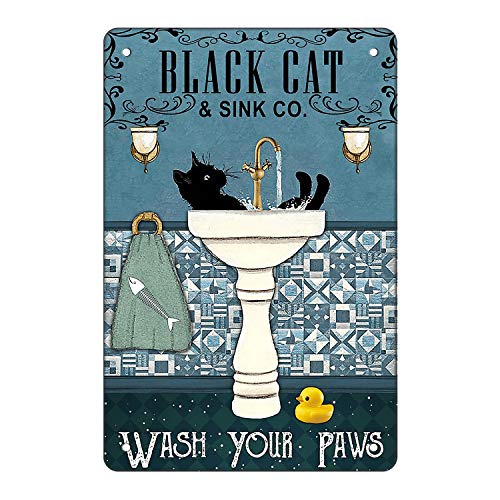 Funny Bathroom Retro Metal Tin Sign - Black Cat Wash Your Paws - Vintage Aluminum Sign for Home Toilet Restaurant Kitchen Bar Coffee Wall Decor Art Gift for Women Men Friends 8x12 Inches…