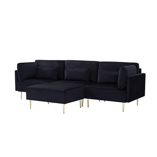 FULife Convertible Modular Sectional Sofa L-Shaped Corner Couch 4-Seat Sofá Reversible Velvet Upholstered Chaise Lounge Couches with Movable Ottoman&Lumbar Pillows for Living Room Apartment Office