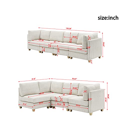 Eafurn Convertible Modular Sectional Sofa Set, Free Combinational Corner Couch, Corduroy Upholstered Deep Seat Comfy Sofa&Couches with Solid Wood Legs for Living Room Apartment, Beige 126.38"