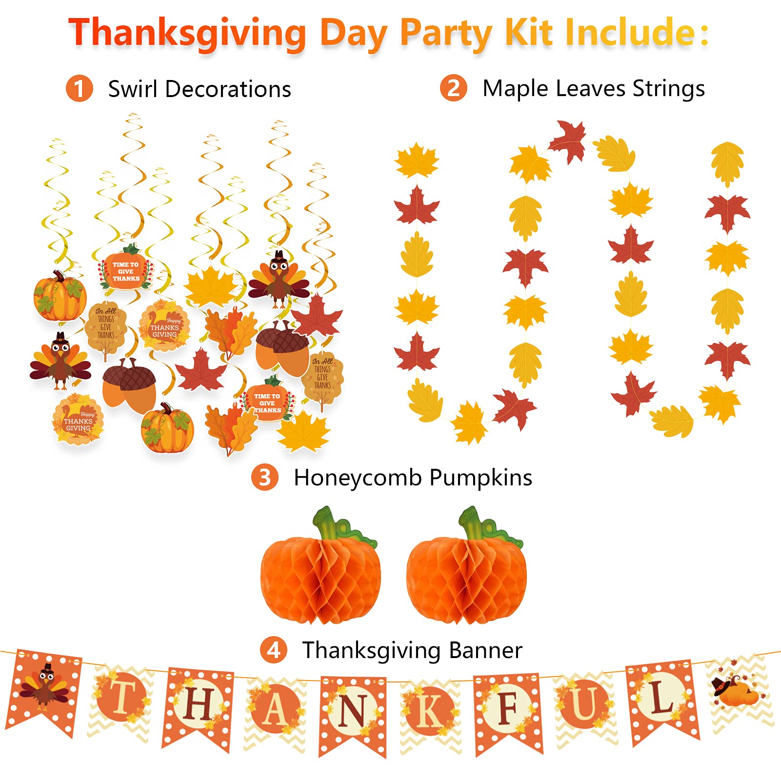 Dazonge Thanksgiving Decorations 40PCS, Pre-Assembled Thanksgiving Hanging Swirls, Thankful Banner, Fall Leaves String and Honeycomb Pumpkins for Indoor and Outdoor Thanksgiving Decor, Thanksgiving Decorations for Home