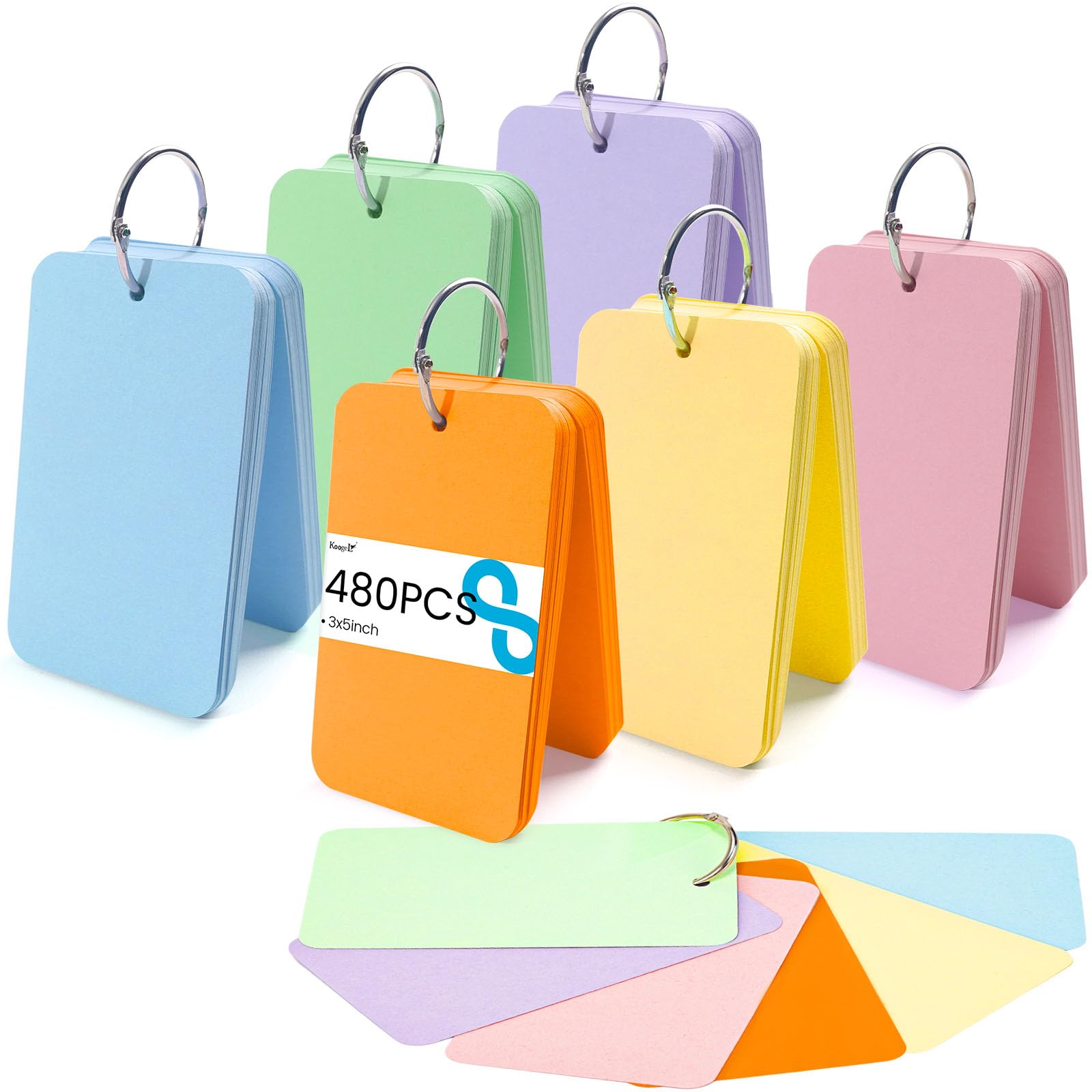 Koogel 480 Pcs Colored Index Cards, 3 x 5 Inch Study Cards Colored Notecards on Ring Flash Cards for School Learning Memory Recipe Cards Game Card