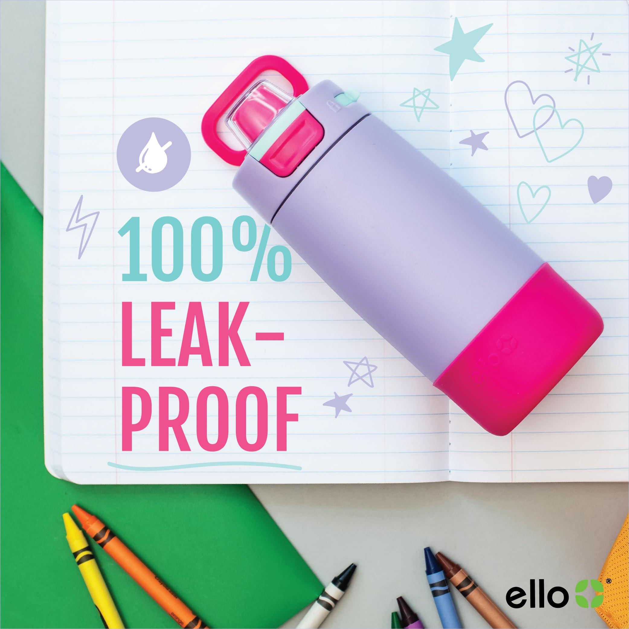 Ello Kids Colby 12oz Stainless Steel Insulated Water Bottle with Straw and Built-In Silicone Coaster (Lilac/Pink)