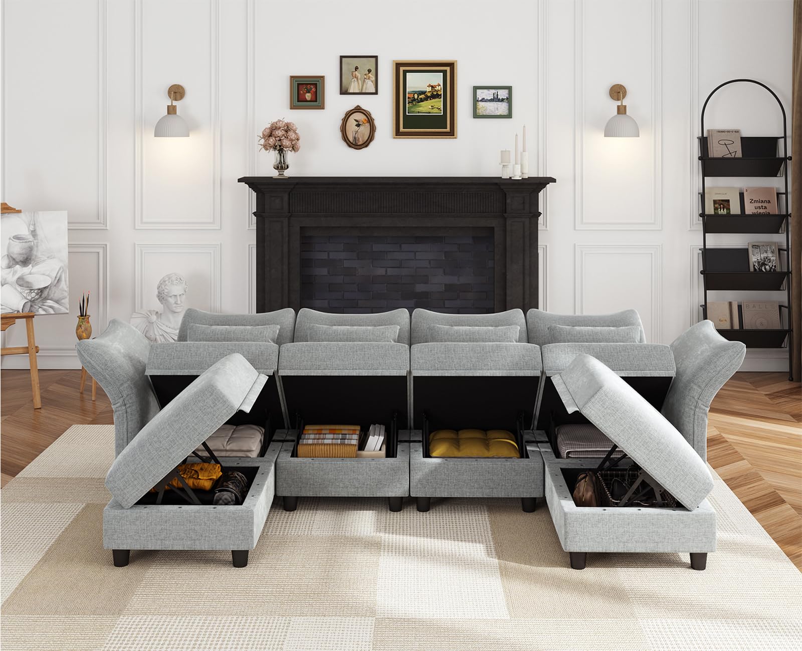 LLappuil Chenille U Shaped 6 Piece Sectional Sofa for Living Room Modular Sofa Sectional Couch with Reversible Chaise and Storage Ottoman, Grey