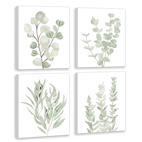 FRAMED Botanical Plant Canvas Wall Art | Boho Plant Wall Decor for Bedroom | Minimalist Floral Prints for Living Room | Light Green Botanical Art Painting for Office | Eucalyptus Leaf Picture | Set of 4 | 8”x 10”