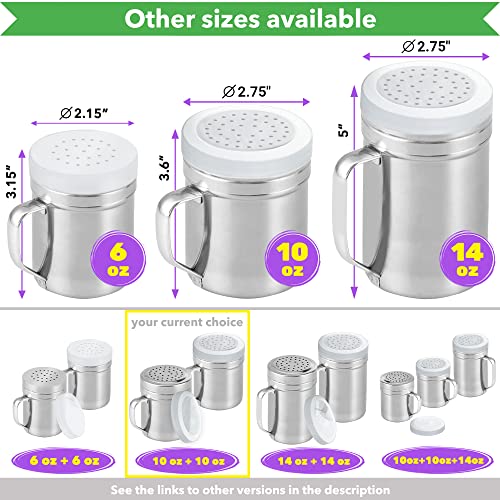 CUSINIUM Metal Salt Pepper Dredge Shakers - With Handle - Seasonings Spice Shakers With Holes and Lids - 10 Ounce, 2pcs