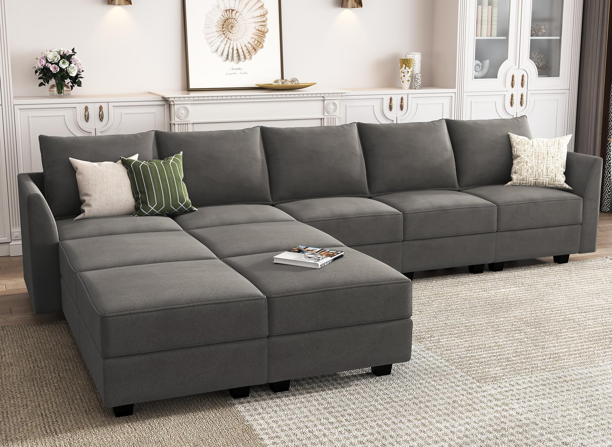 HONBAY Reversible Modular Sofa Couch with Chaise L Shaped Sectional Sofa Oversized Velvet Modular Sofa Sleeper with Storage Seats, Grey