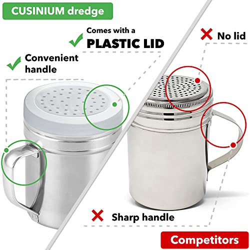 CUSINIUM Metal Salt Pepper Dredge Shakers - With Handle - Seasonings Spice Shakers With Holes and Lids - 10 Ounce, 2pcs