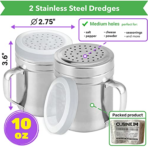 CUSINIUM Metal Salt Pepper Dredge Shakers - With Handle - Seasonings Spice Shakers With Holes and Lids - 10 Ounce, 2pcs