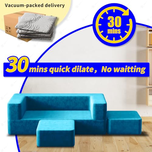 linor Kids Couch, Toddler Couch with Washable and Durable Covers, Modular Kids Sofa Couch, Foldable Loveseat & Two Ottoman, Fold Out Lounger (Navy)