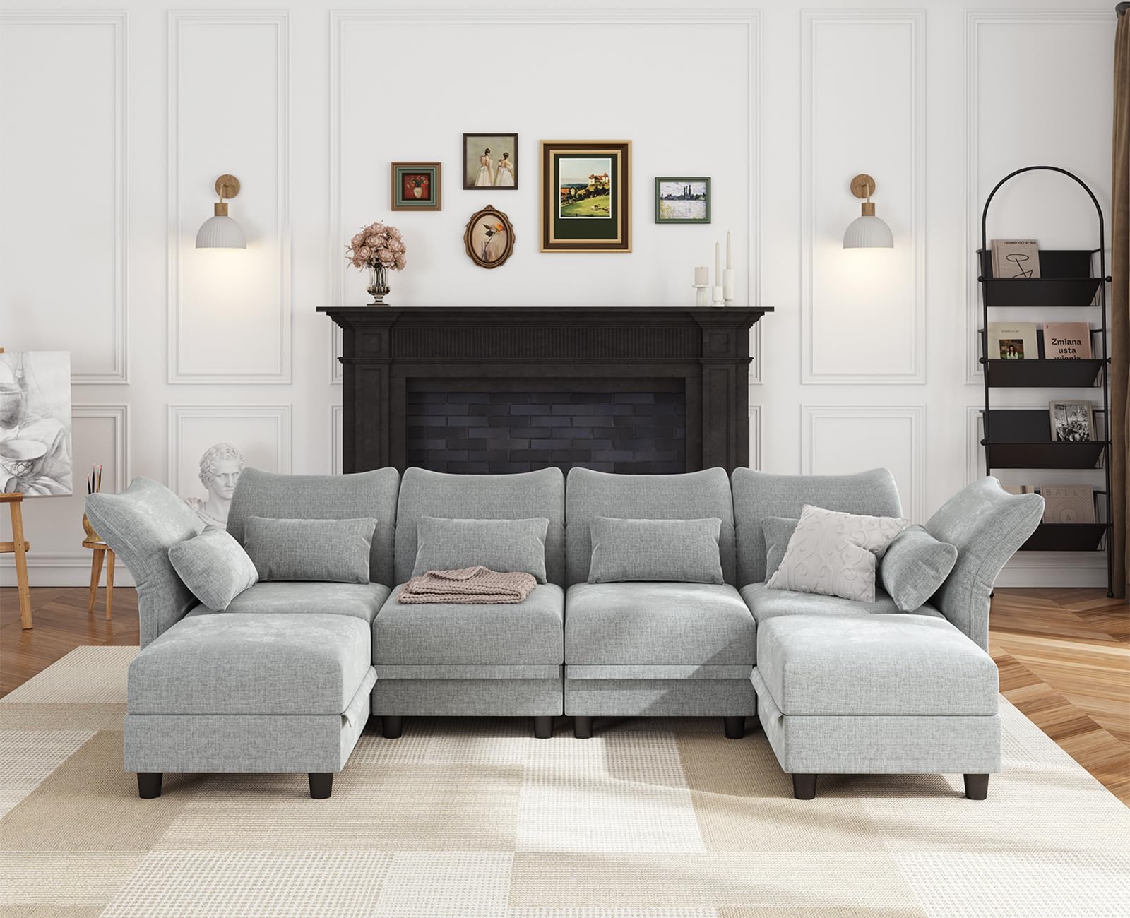LLappuil Chenille U Shaped 6 Piece Sectional Sofa for Living Room Modular Sofa Sectional Couch with Reversible Chaise and Storage Ottoman, Grey