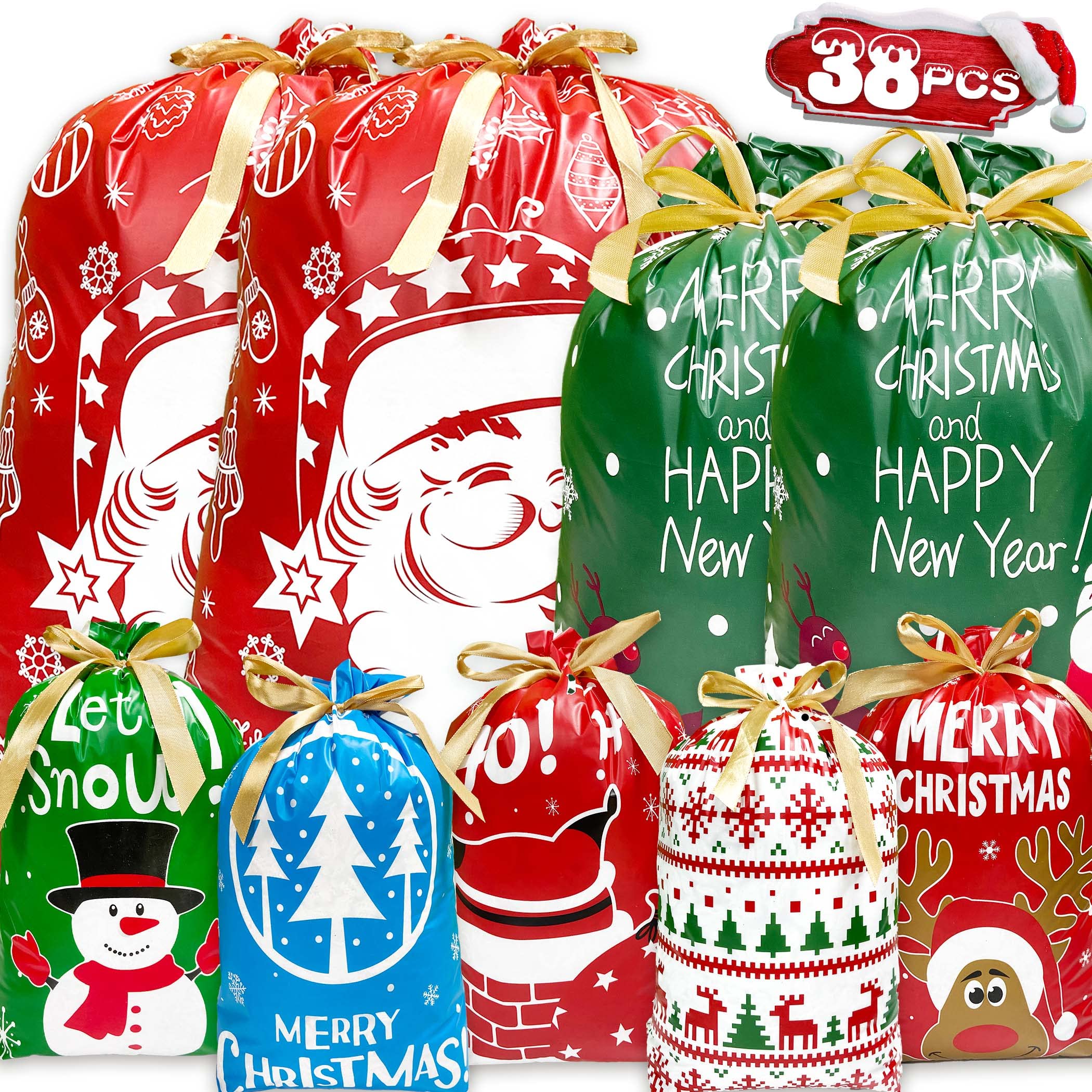 Funnlot Christmas Drawstring Gift Bags 38PCS Christmas Bags For Gifts With Drawstrings Large Drawstring Christmas Gift Bags Assorted Sizes Christmas Wrapping Bags Christmas Gift Bags With Drawstring 3 Sizes And 7 Designs