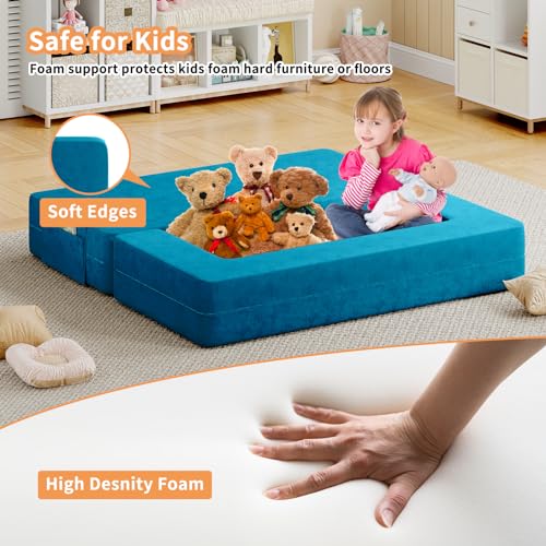 linor Kids Couch, Toddler Couch with Washable and Durable Covers, Modular Kids Sofa Couch, Foldable Loveseat & Two Ottoman, Fold Out Lounger (Navy)