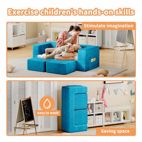 linor Kids Couch, Toddler Couch with Washable and Durable Covers, Modular Kids Sofa Couch, Foldable Loveseat & Two Ottoman, Fold Out Lounger (Navy)
